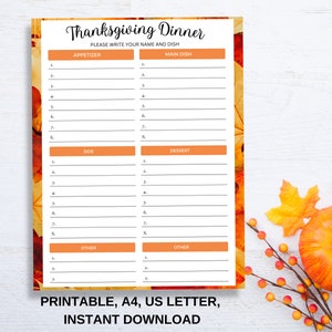 Printable Thanksgiving Potluck Sign up Sheet, Thanksgiving Dinner Sign ...