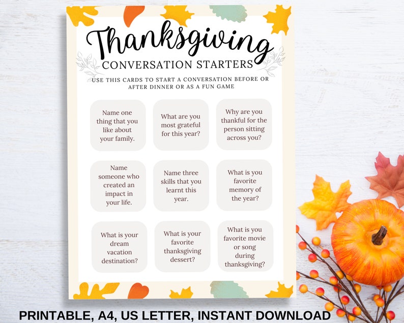Printable Thanksgiving Conversation Cards, Family Celebration Game ...