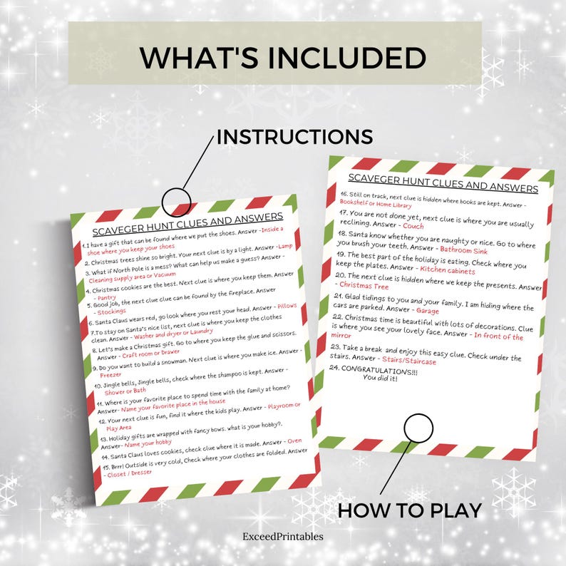 Christmas Advent Calendar Scavenger Hunt Clues, Kids Christmas Treasure ...