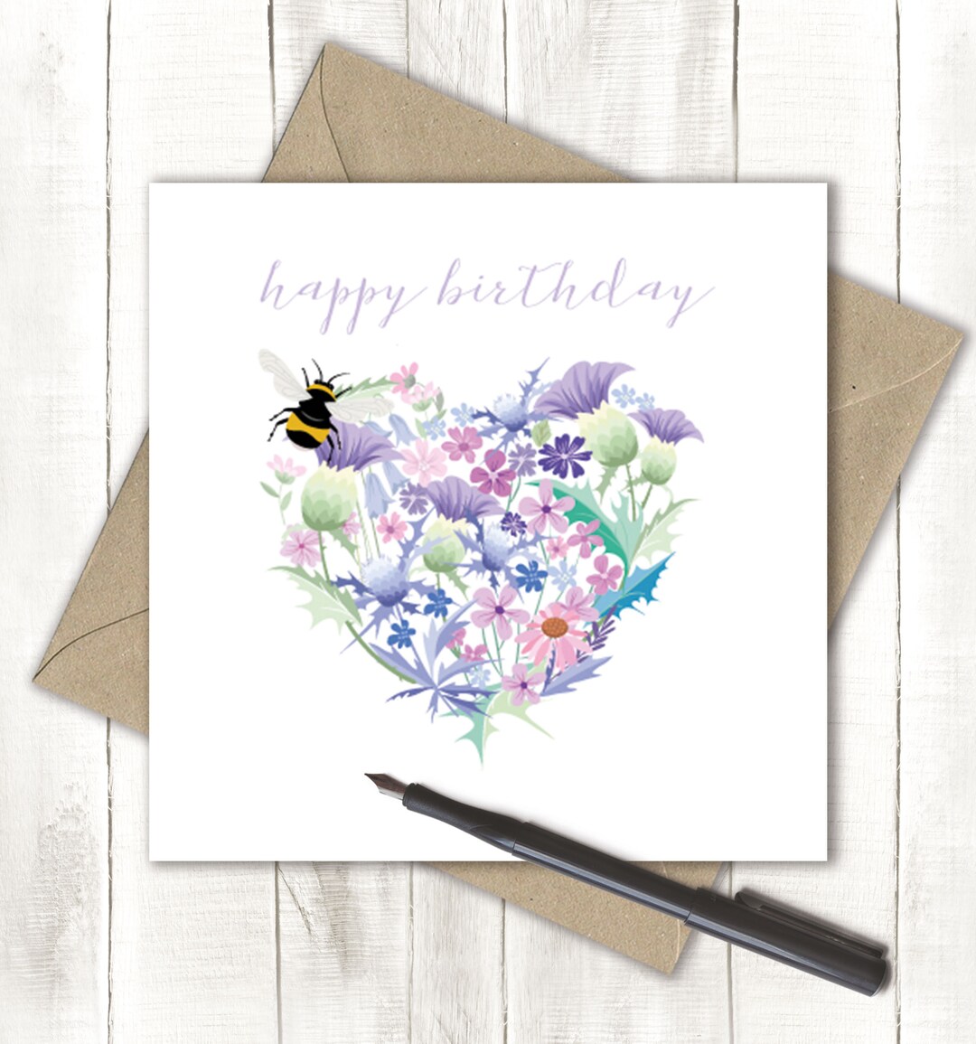 Happy Birthday Bumble Bee and Thistle Card, Floral Love Heart Greeting ...