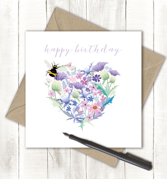 Happy Birthday Bumble Bee and Thistle Card Floral Love Heart - Etsy UK