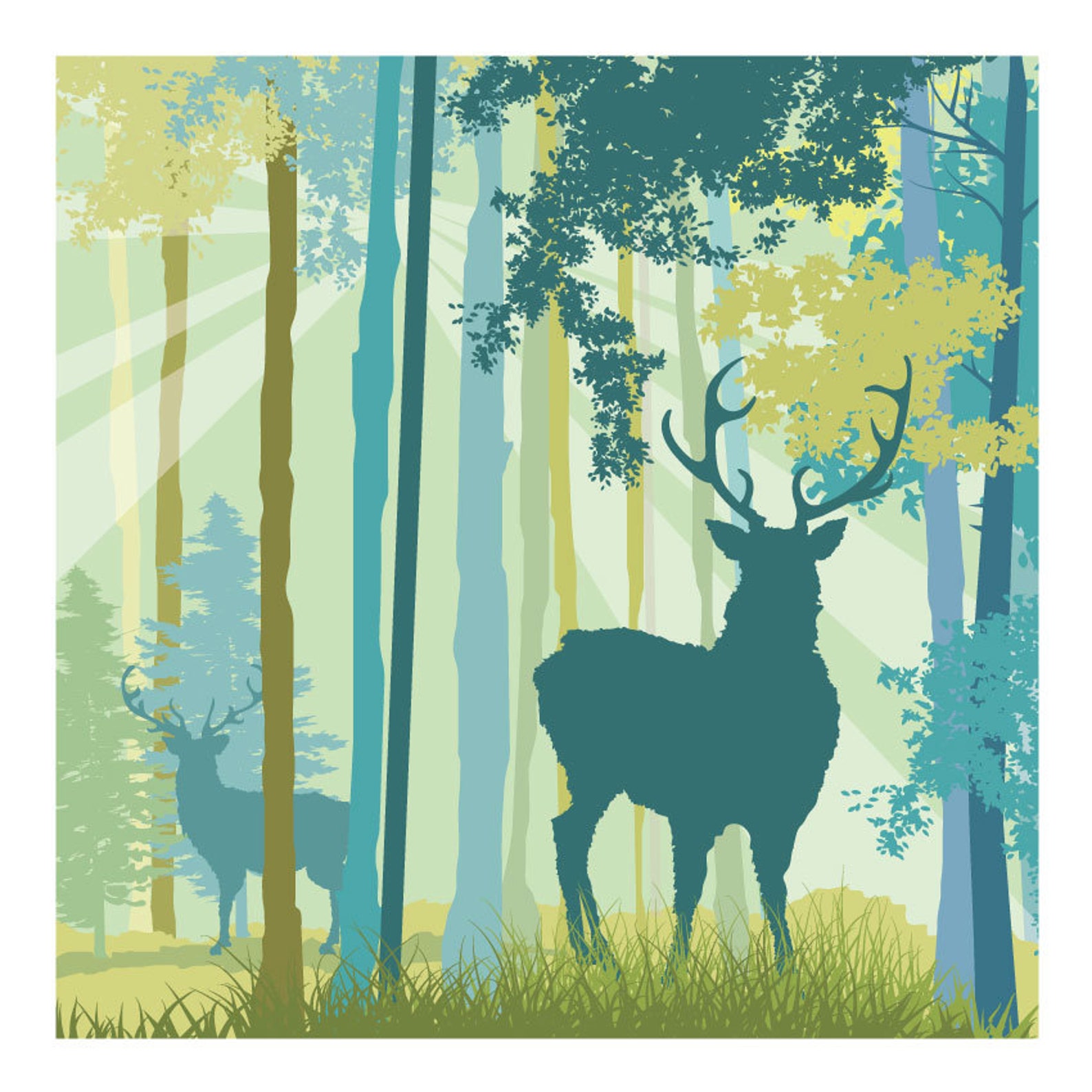 Woodland Stag Art Print Green Stag Wall Art Wildlife Print | Etsy