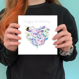 Happy Birthday Bumble Bee and Thistle Card, Floral Love Heart Greeting ...