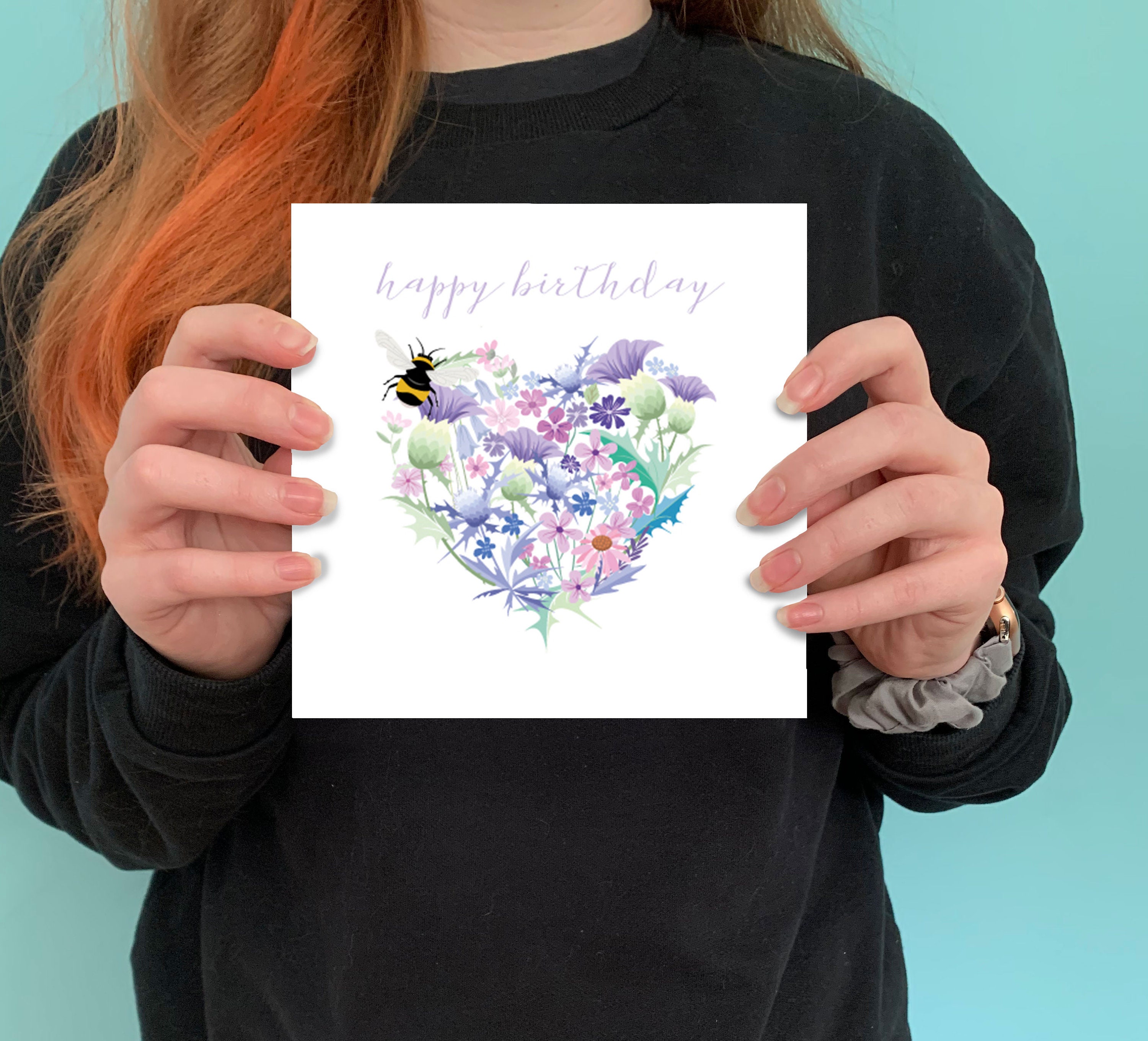 Happy Birthday Bumble Bee and Thistle Card, Floral Love Heart Greeting ...