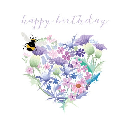 Happy Birthday Bumble Bee and Thistle Card, Floral Love Heart Greeting ...