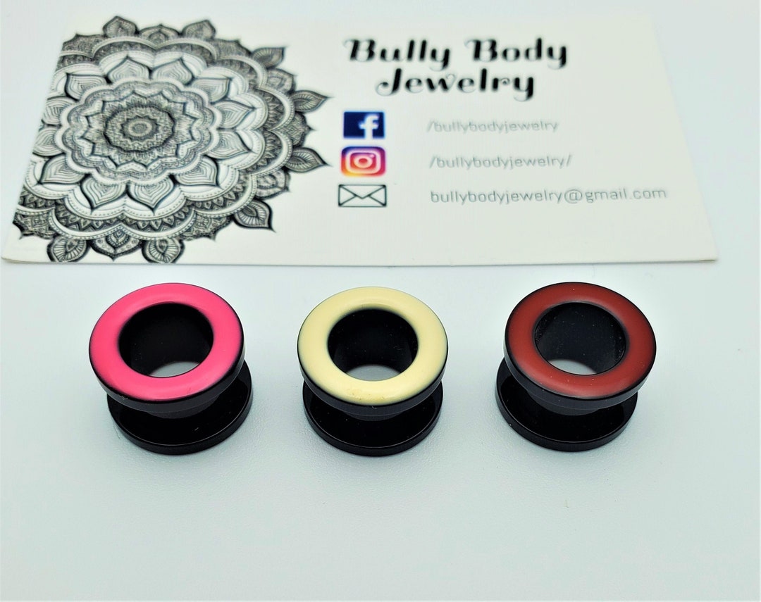 Pair Tunnels Pink Red White Plugs Gauges Colored Rim Black Acrylic Ear ...