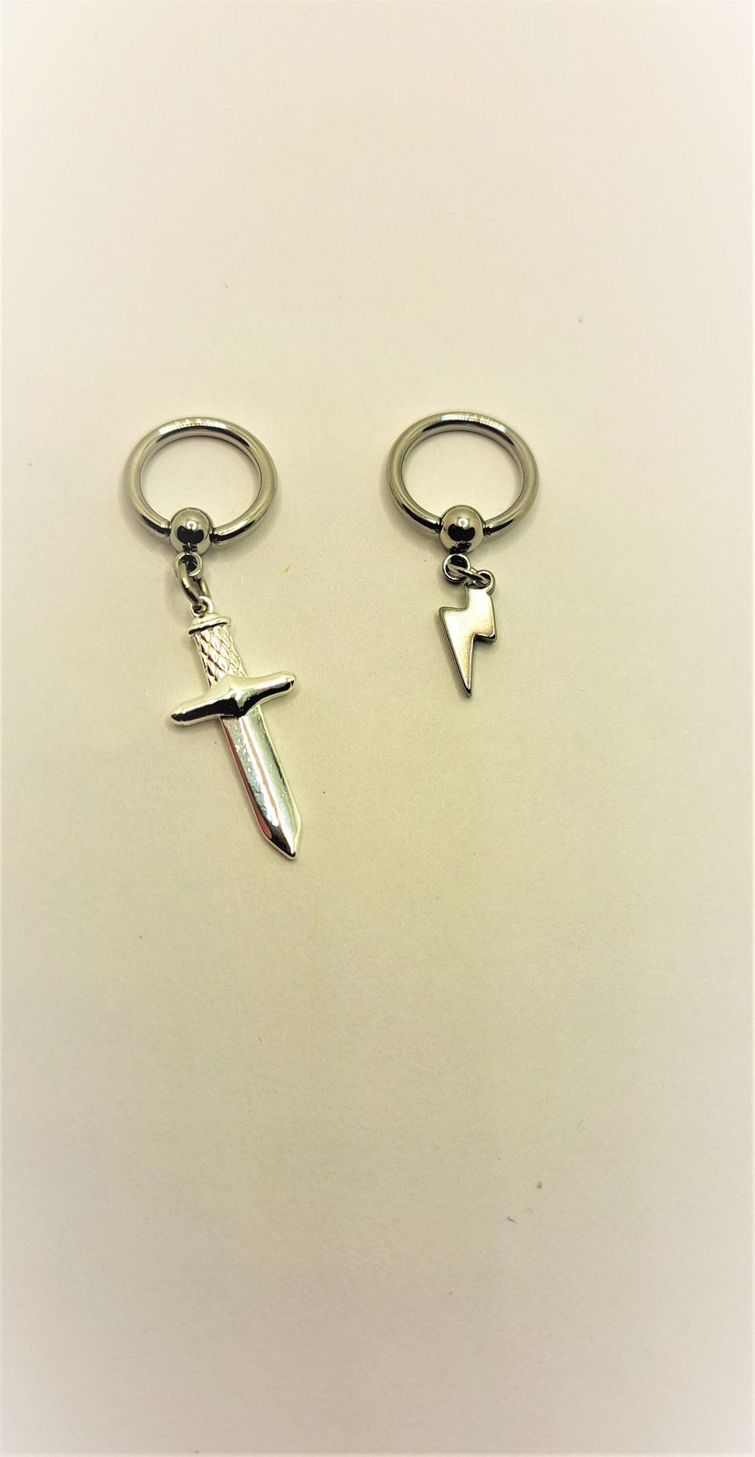 14G Silver Dagger Sword Bolt Hoop Ring CBR Hanging Body Jewelry Belly ...