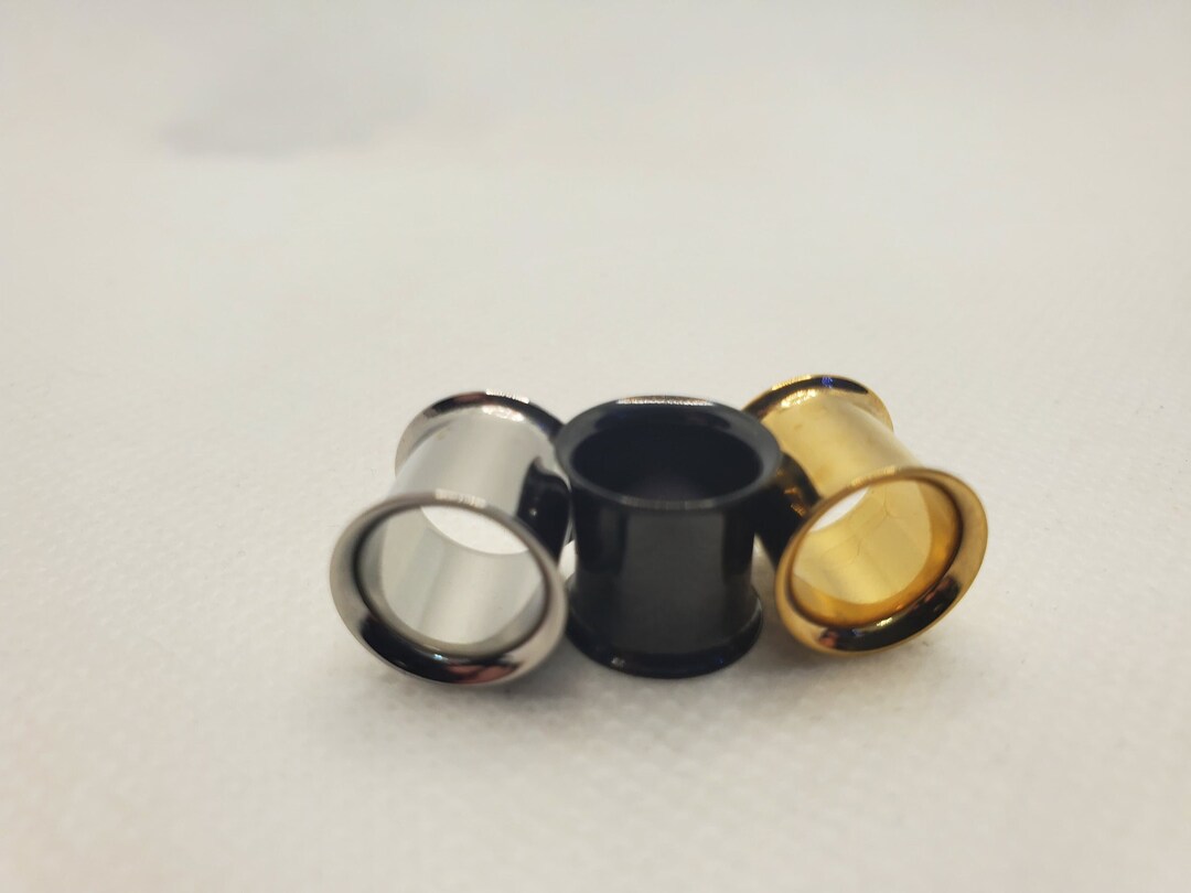 Pair Ear Tunnels Metal Black Silver Gold Steel Earring Gauges Plugs ...