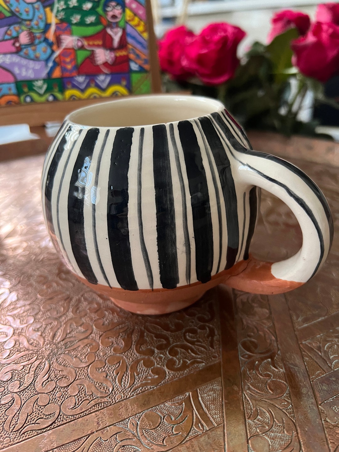 Large Round Ceramic Mug From Morocco With Black Striped Pattern - Etsy