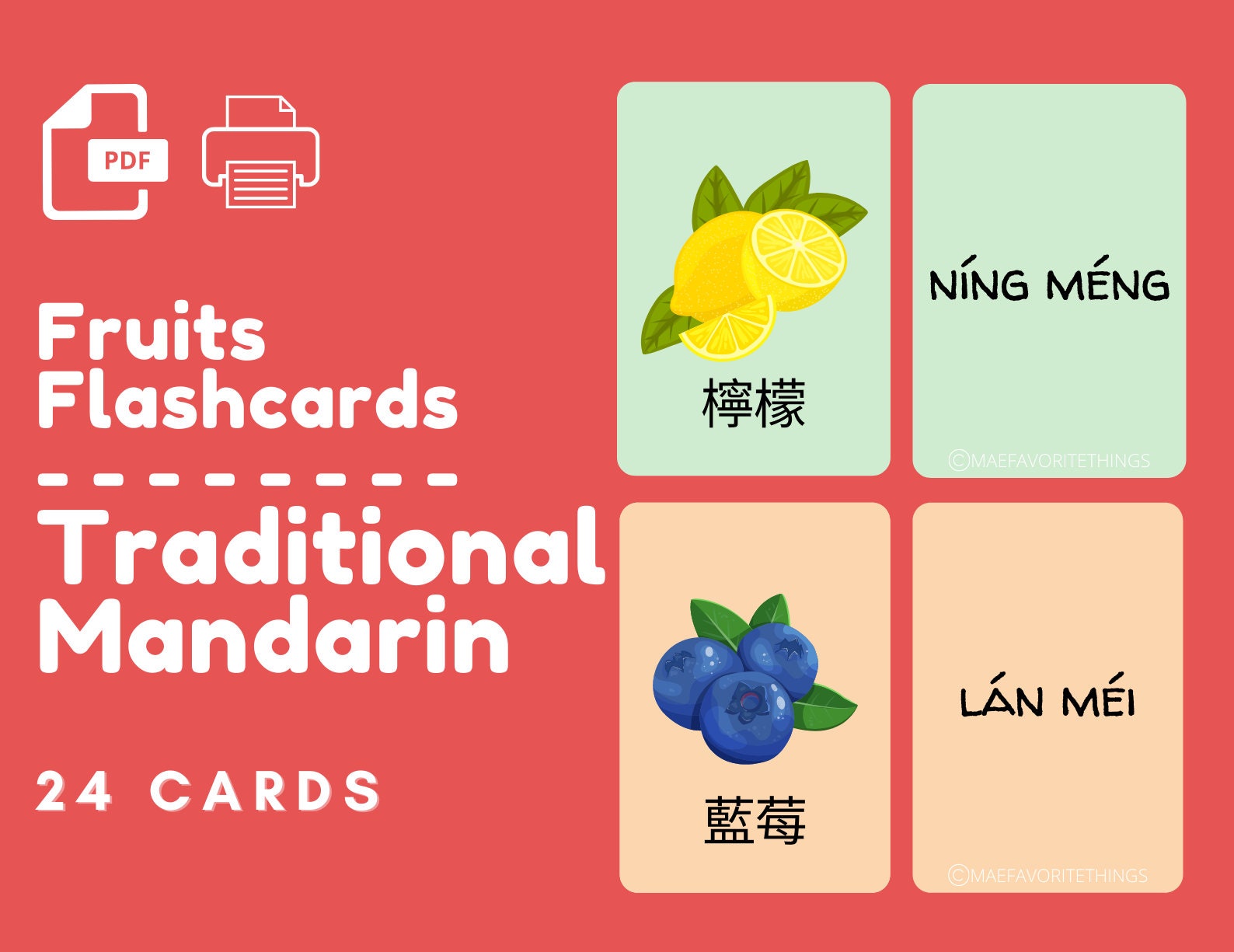 TRADITIONAL MANDARIN | Fruits Flash Cards | Printable MANDARIN Flash ...