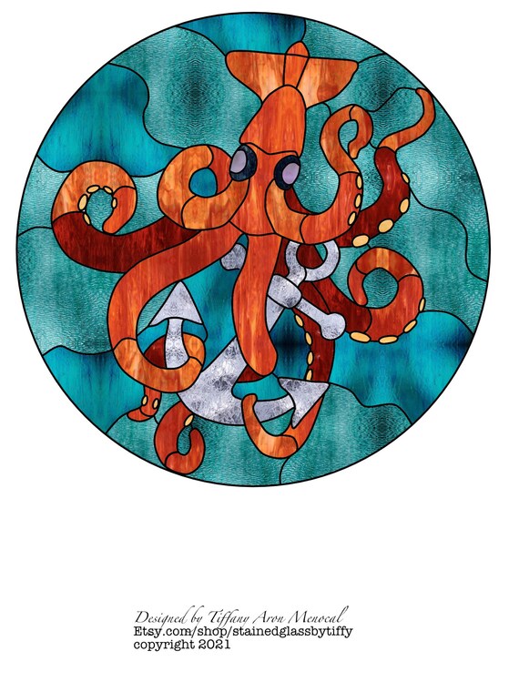 Squid and Anchor Navy Stained Glass Pattern Digital Download | Etsy