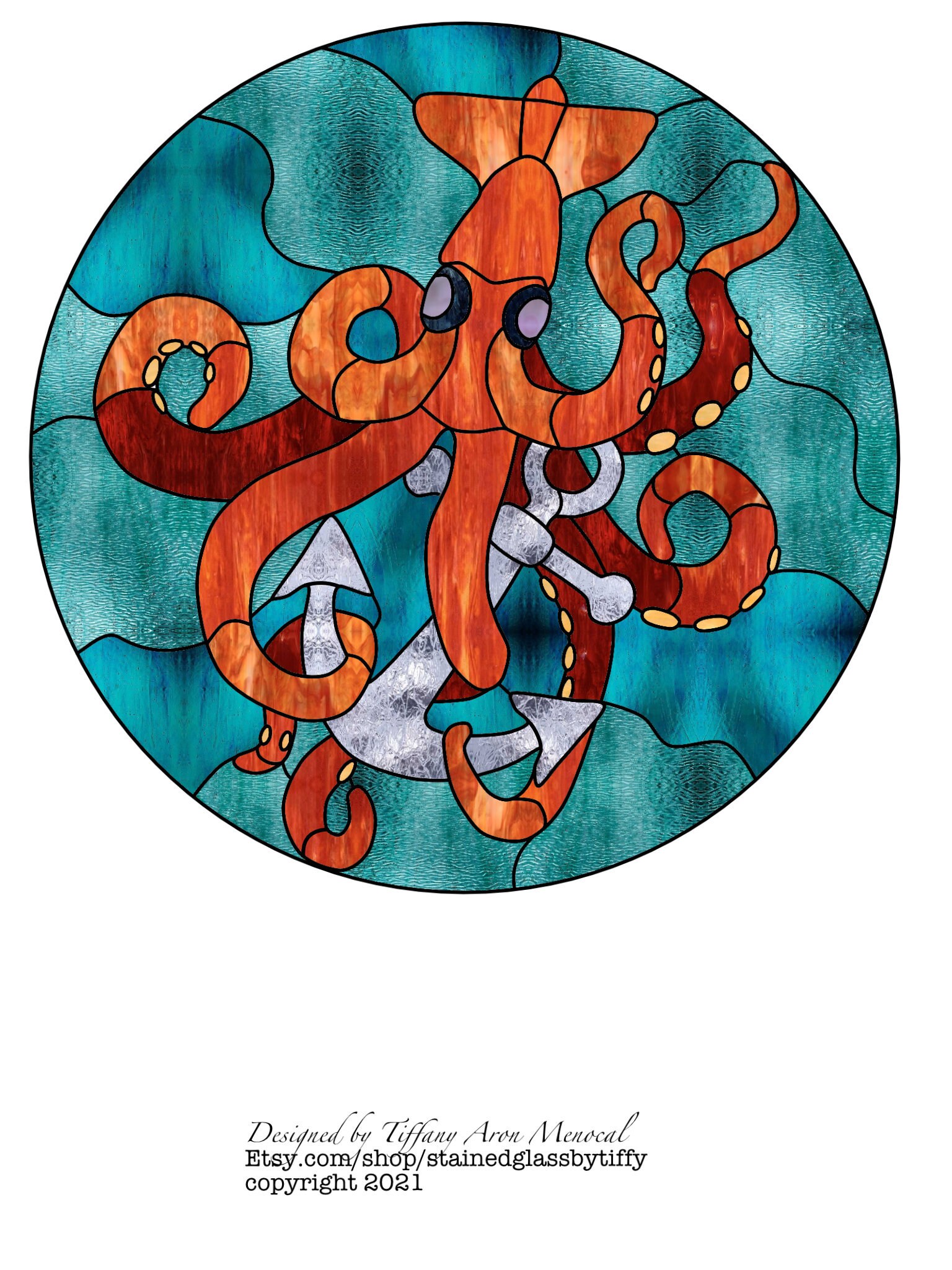 Squid and anchor Navy Stained Glass Pattern Digital Download | Etsy