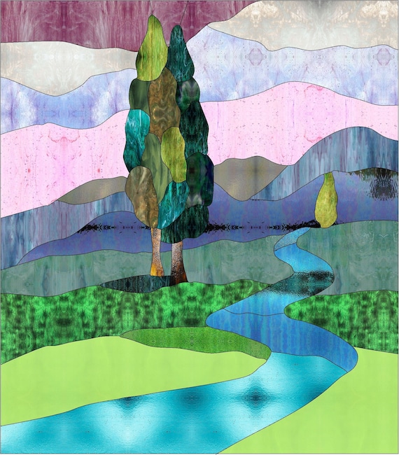 Landscape Panel With River Stained Glass Pattern Digital | Etsy