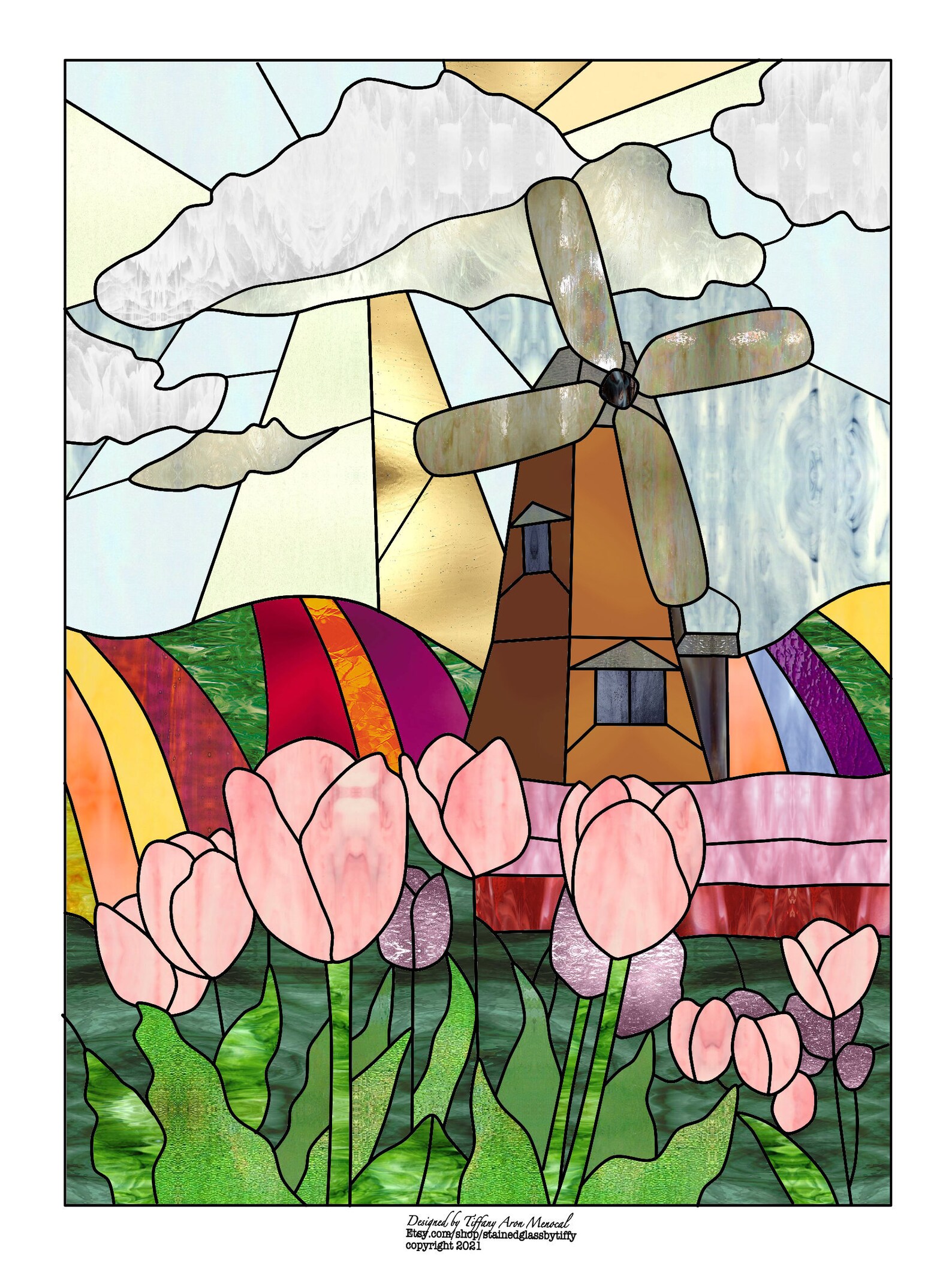 Windmill tulips landscape Stained Glass Pattern Digital | Etsy