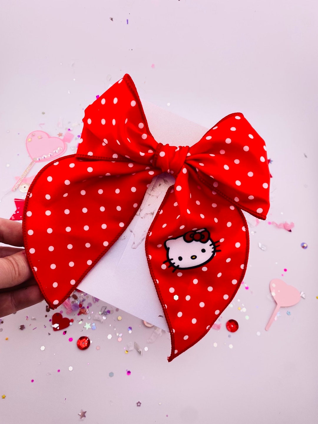 Hello Cat Bow Kitty Fable Bow Large Kitten Bow Red and White Polka Dot ...