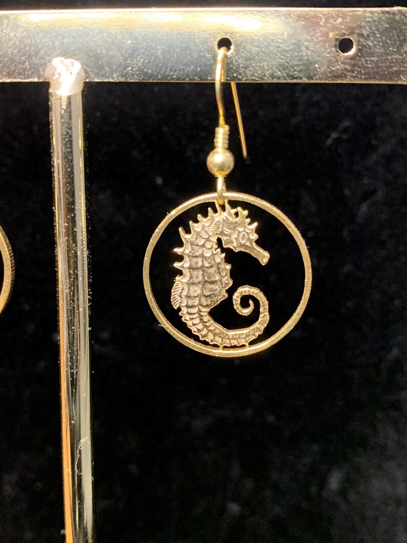 Hand Cut Coin 18K Gold Plated Seahorse Earrings, Singapore 10 Cents ...