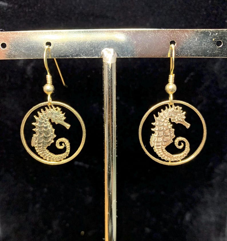 Hand Cut Coin 18K Gold Plated Seahorse Earrings, Singapore 10 Cents ...