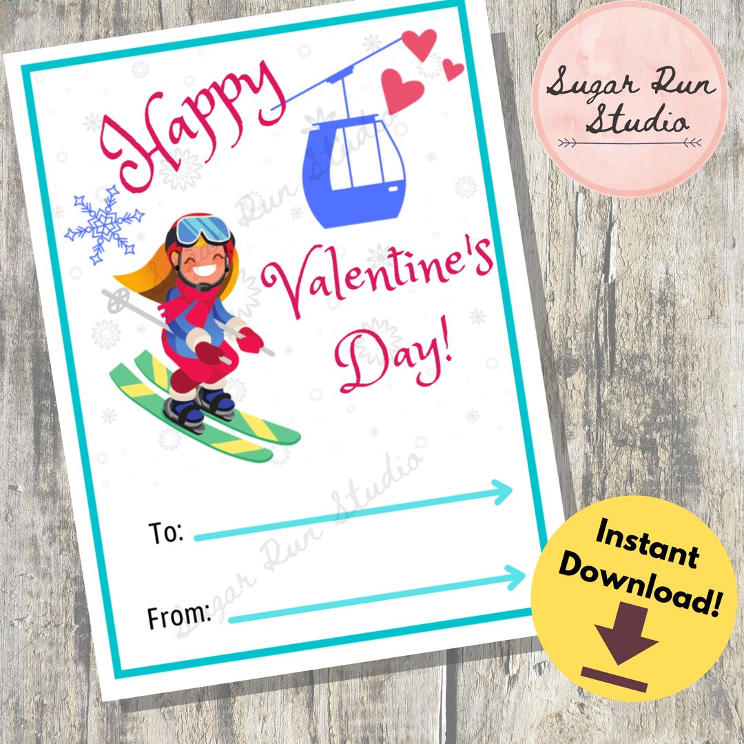 Skier Valentine, Snow Valentine, Girls Valentine, Kids Valentine Cards ...