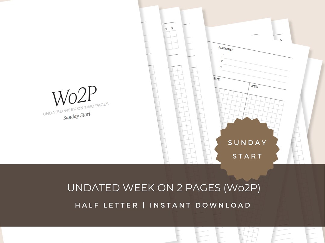 Undated Planner Printable, Week on Two Pages, Wo2p, Sunday Start With ...
