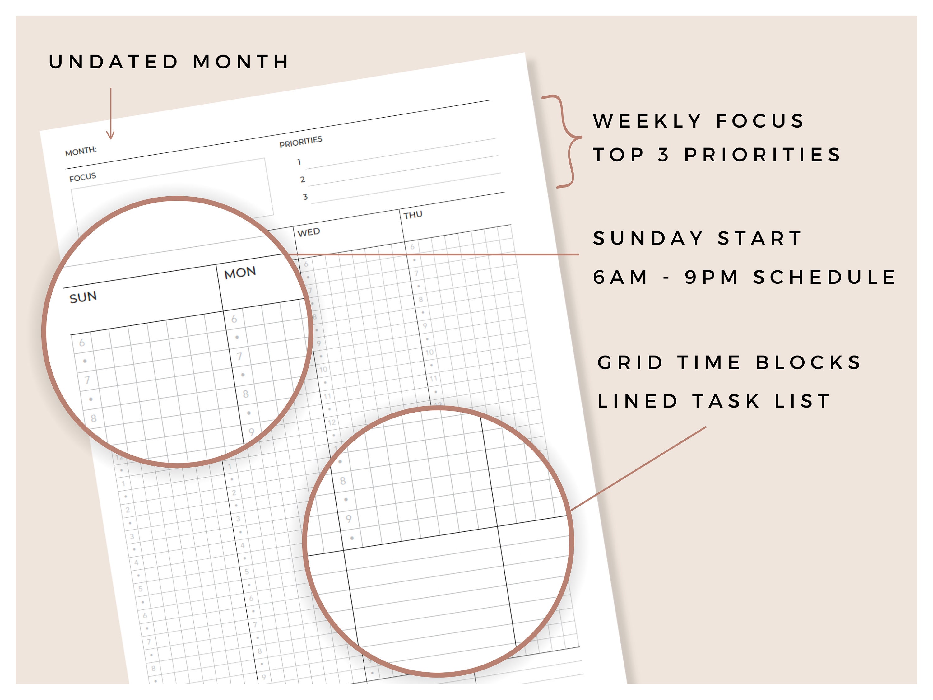 Undated Planner Printable, Week on Two Pages, Wo2p, Sunday Start With ...
