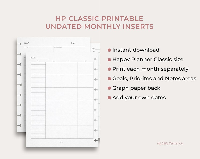 Undated Monthly Planner, Calendar on Two Pages, Happy Planner Discbound ...