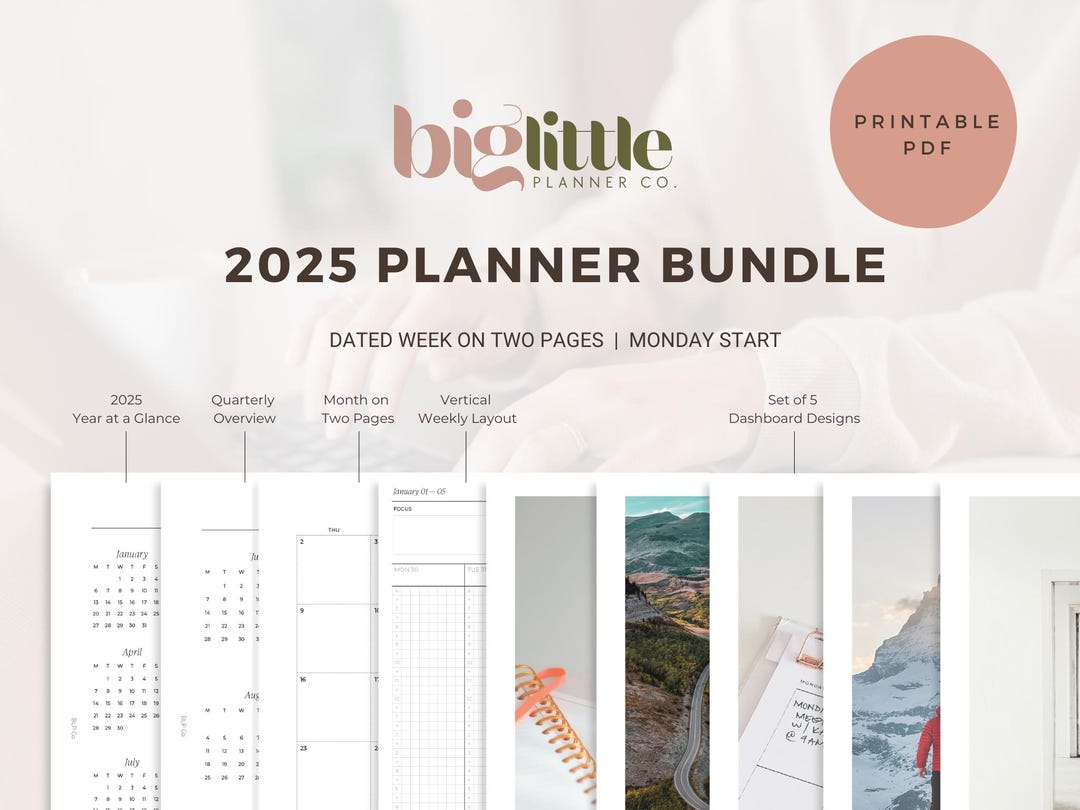 2025 Planner Bundle, Printable Vertical Week on Two Pages, Year at a ...