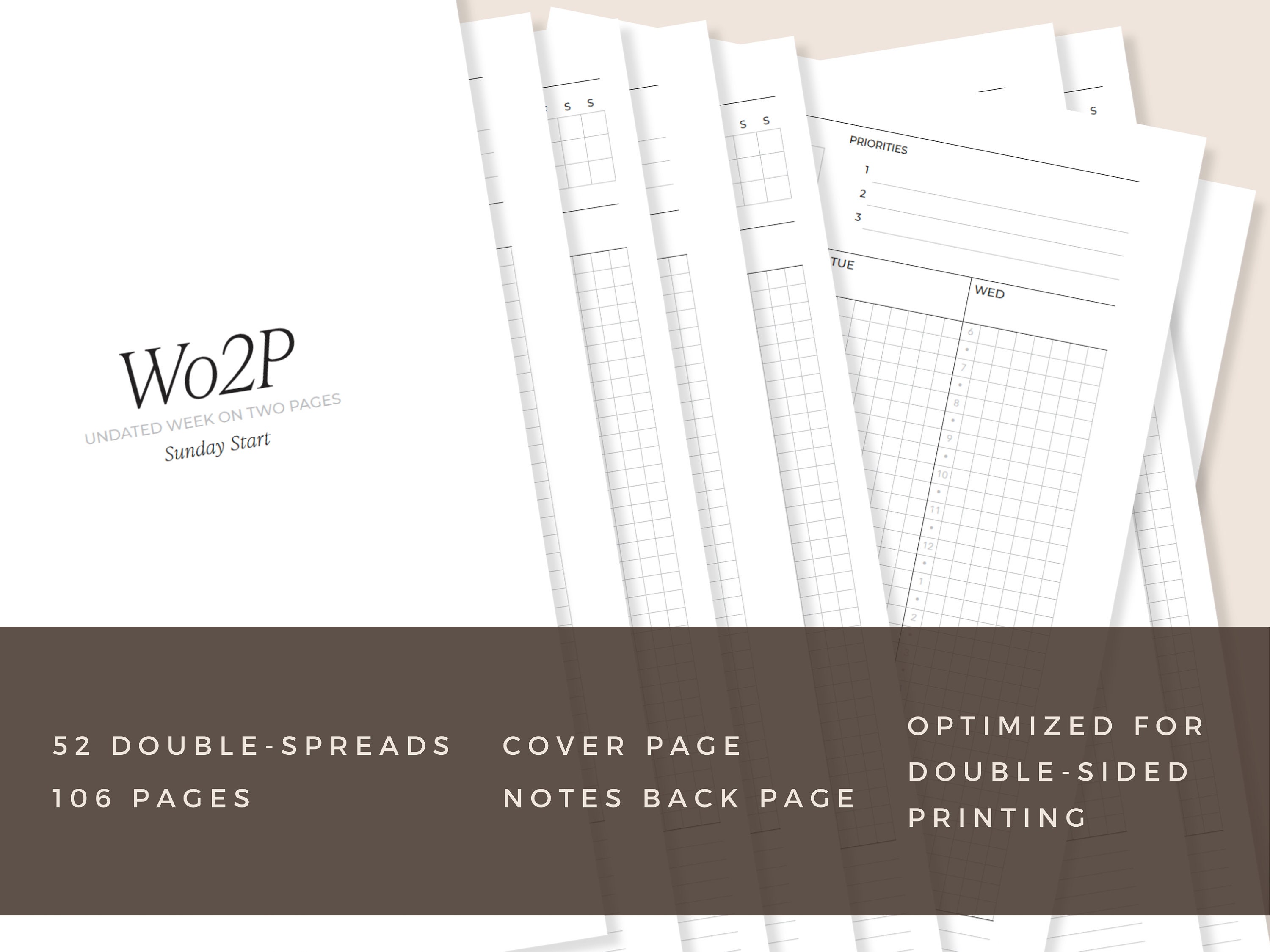 Undated Planner Printable, Week on Two Pages, Wo2p, Sunday Start With ...