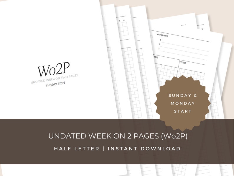 Undated Planner Printable, Week on Two Pages, Wo2p, Sunday & Monday ...
