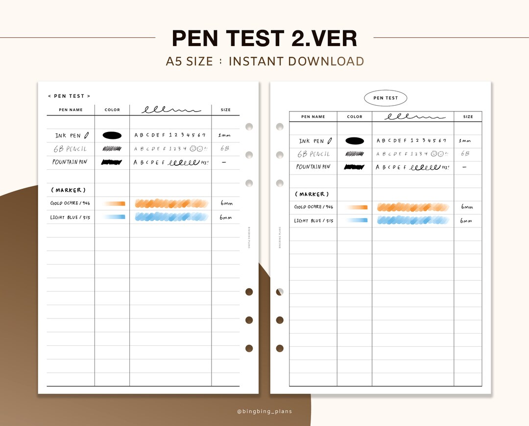 Pen Test Paper, Bullet Journal, Planner Pens Test Page, A5 Printable ...