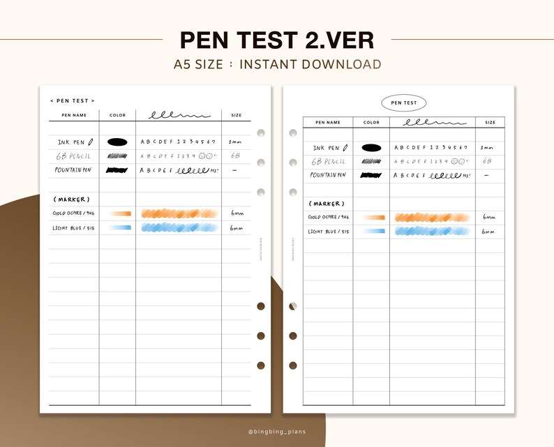 Pen Test Paper, Bullet Journal, Planner Pens Test Page, A5 Printable ...