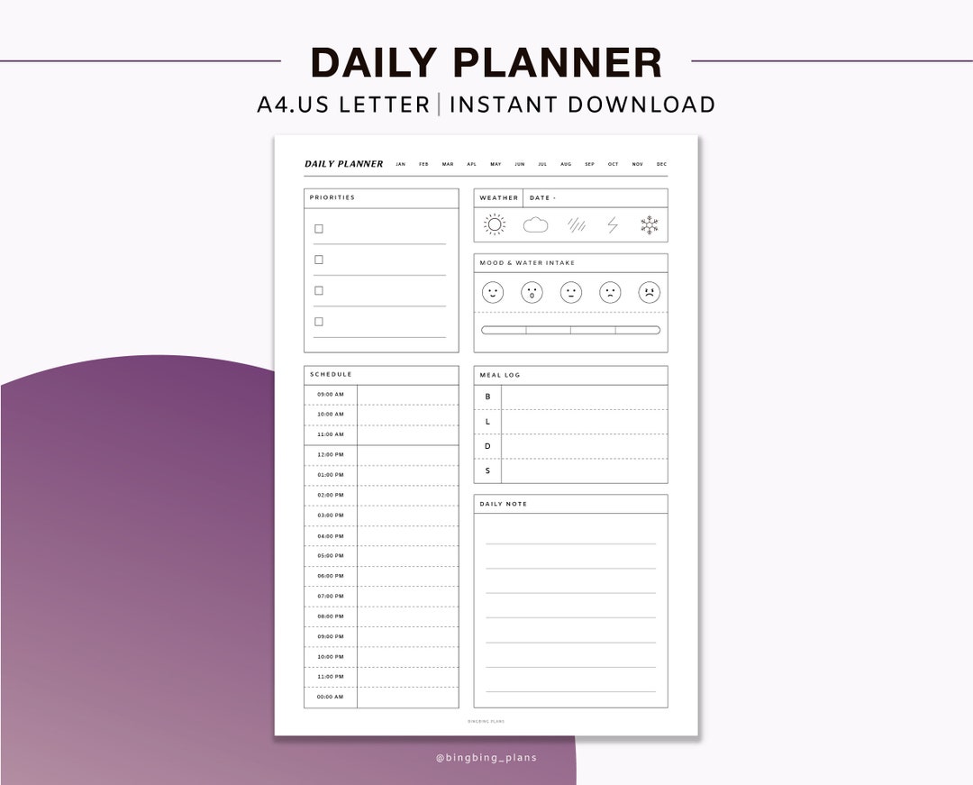 Daily Planner Printable Insert A4,US Letter Size, Daily Schedule, Daily ...