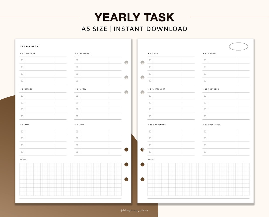 Yearly Tasks Printable Inserts, Yearly Agenda, Yearly Printable Planner ...