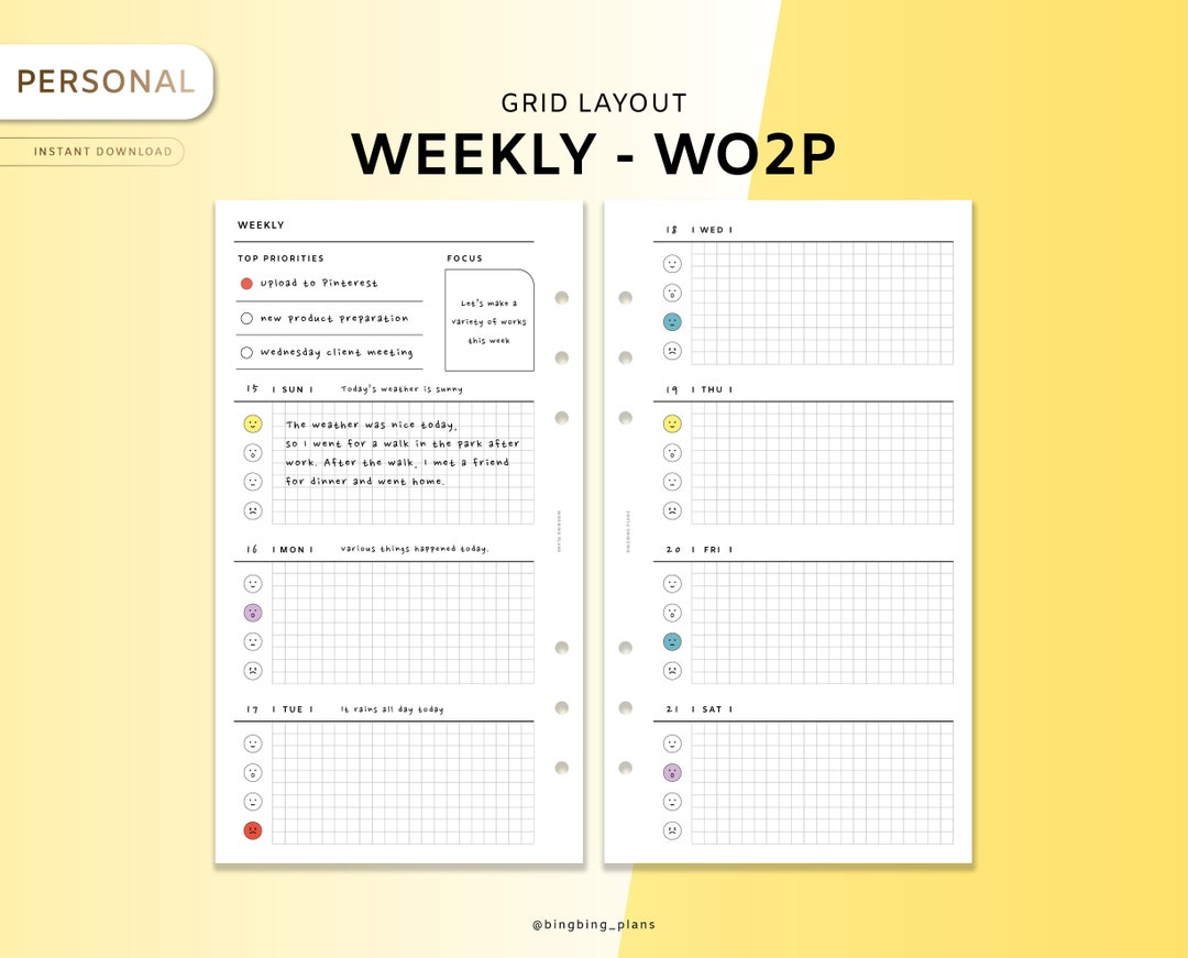 Weekly Planner, WO2P, Printable Planner Inserts, Personal Size, Grid ...