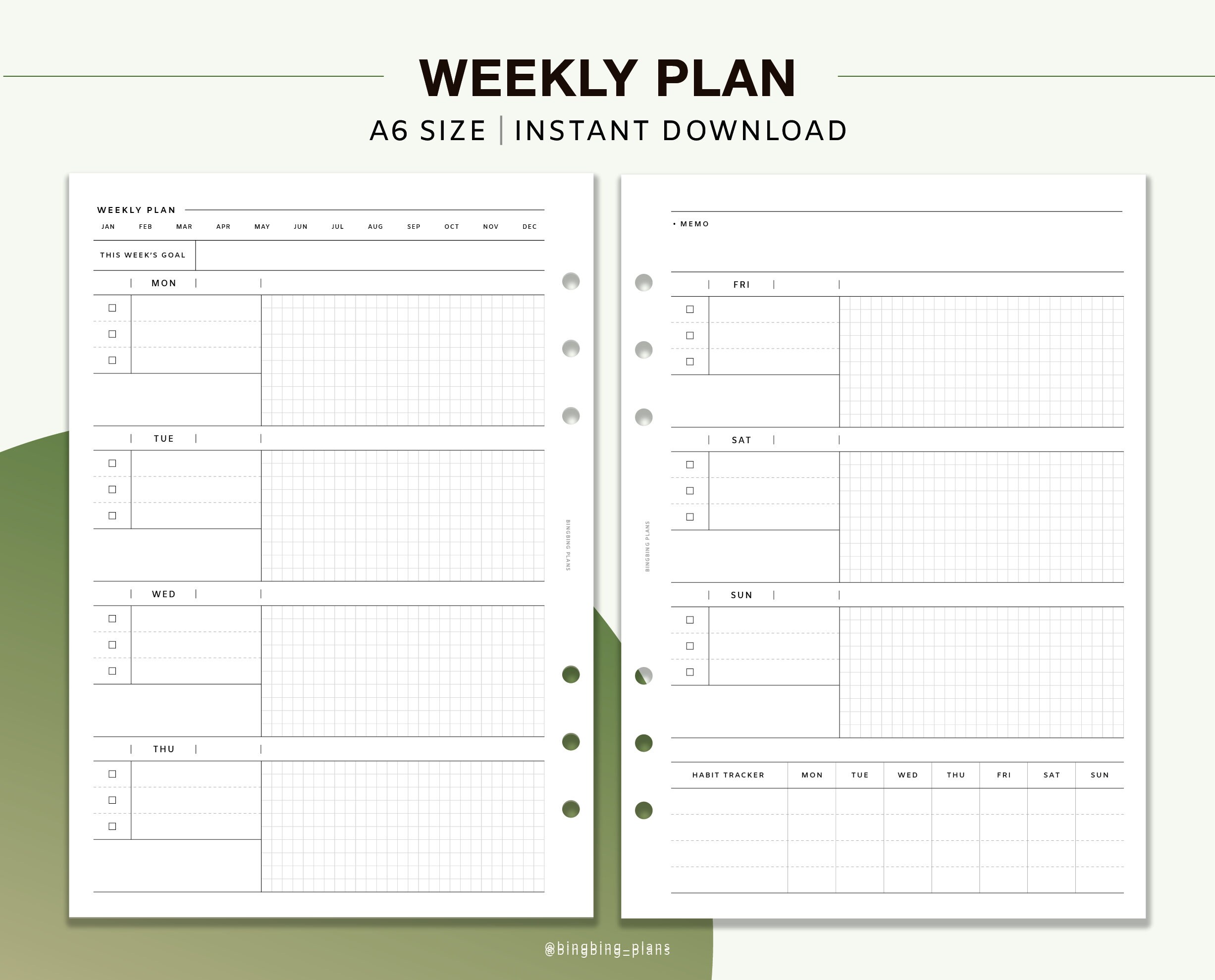 A6 Size : Weekly Undated Planner, WO2P , Week on Two Pages, Weekly ...