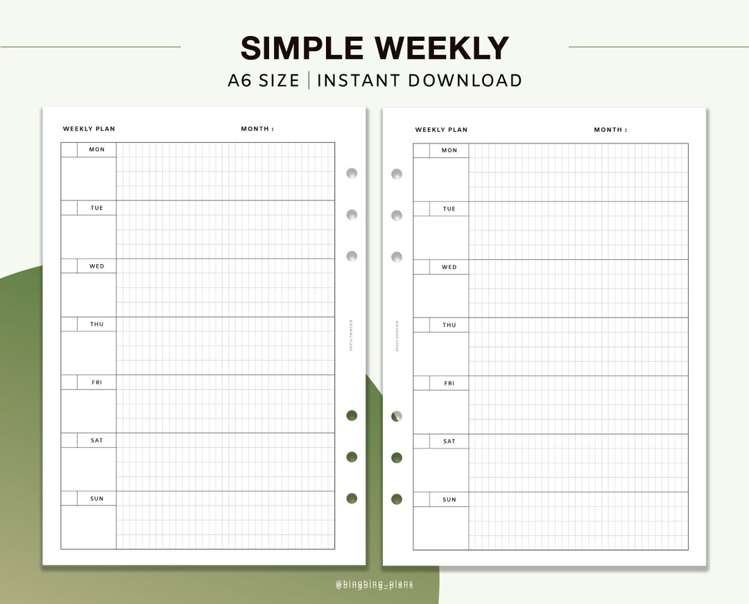 Undated Weekly Printable Inserts, Simple Weekly, A6, Week on One Pages ...