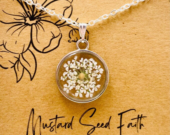 Mustard Seed Round Pendant Necklace, White Wildflower, Silver Chain ...