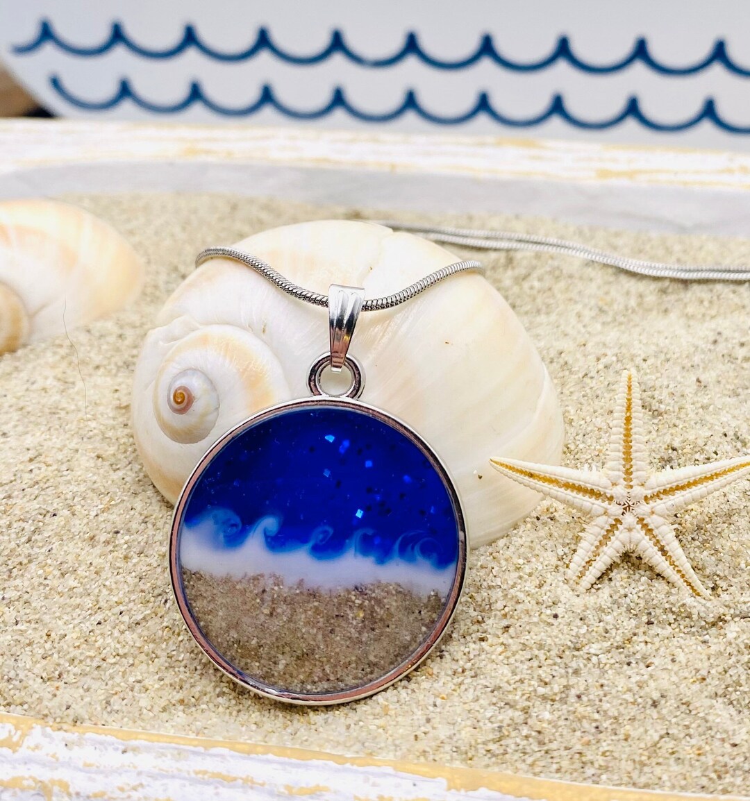 Deep Blue Ocean Wave Silver Round Pendant Necklace, Hypoallergenic ...