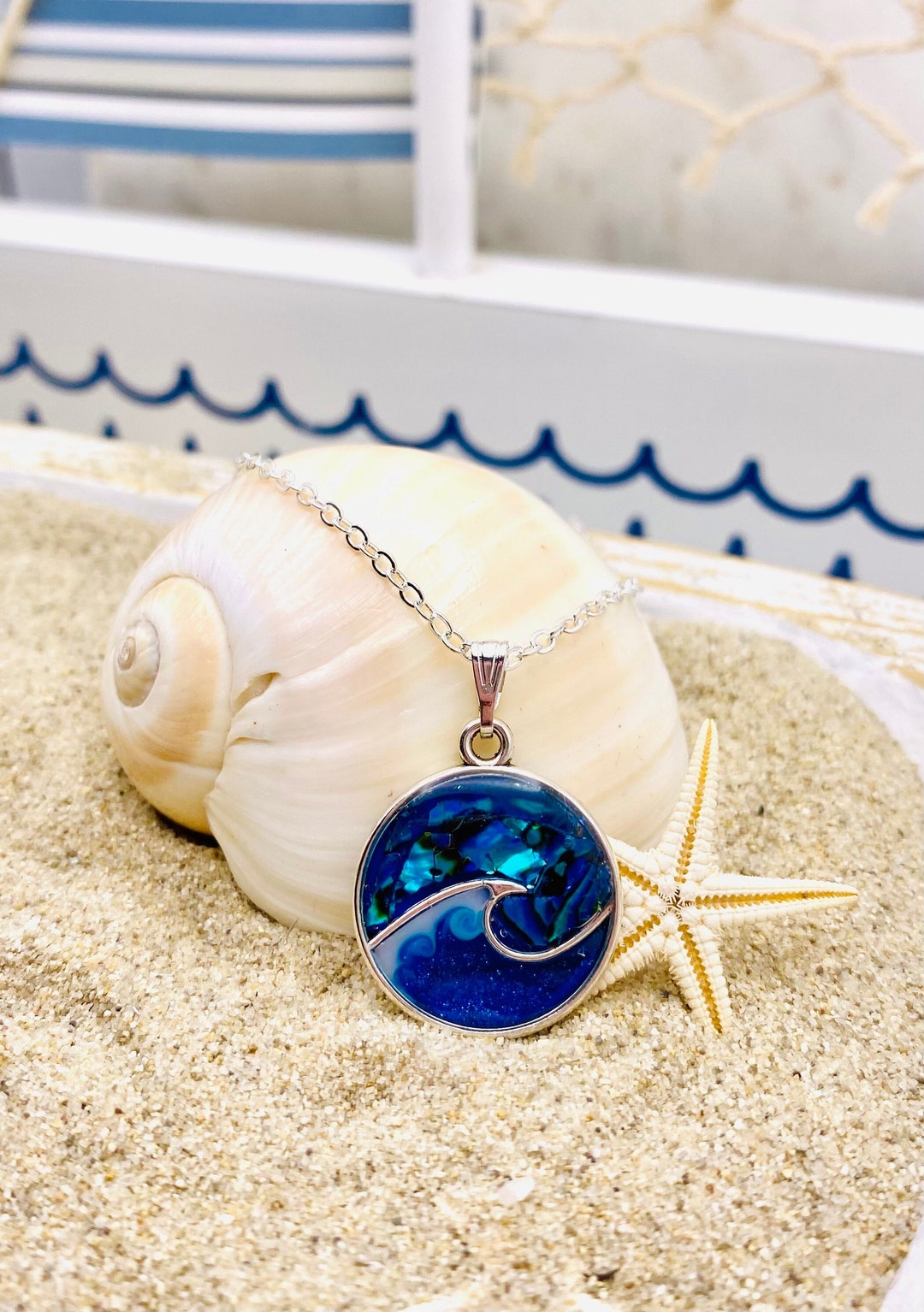 Blue Paua Abalone Ocean Wave Silver Necklace, Dark Blue Beach Jewelry ...