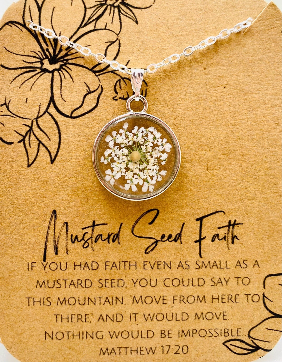 Mustard Seed Round Pendant Necklace, White Wildflower, Silver Chain ...