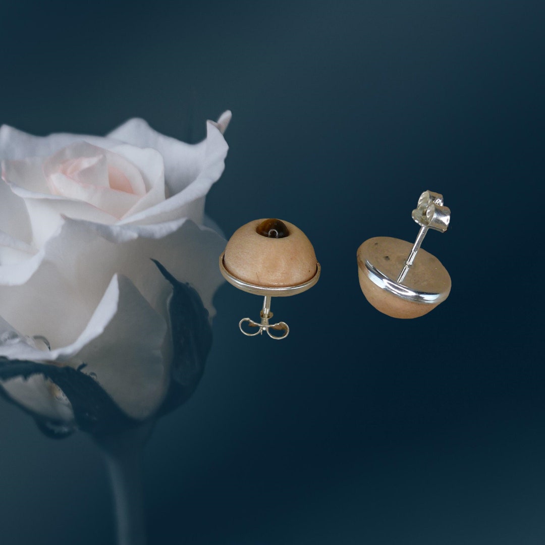 Ear Studs Made of Spindle Wood With Tiger Eye Pearl, Setting Made of ...