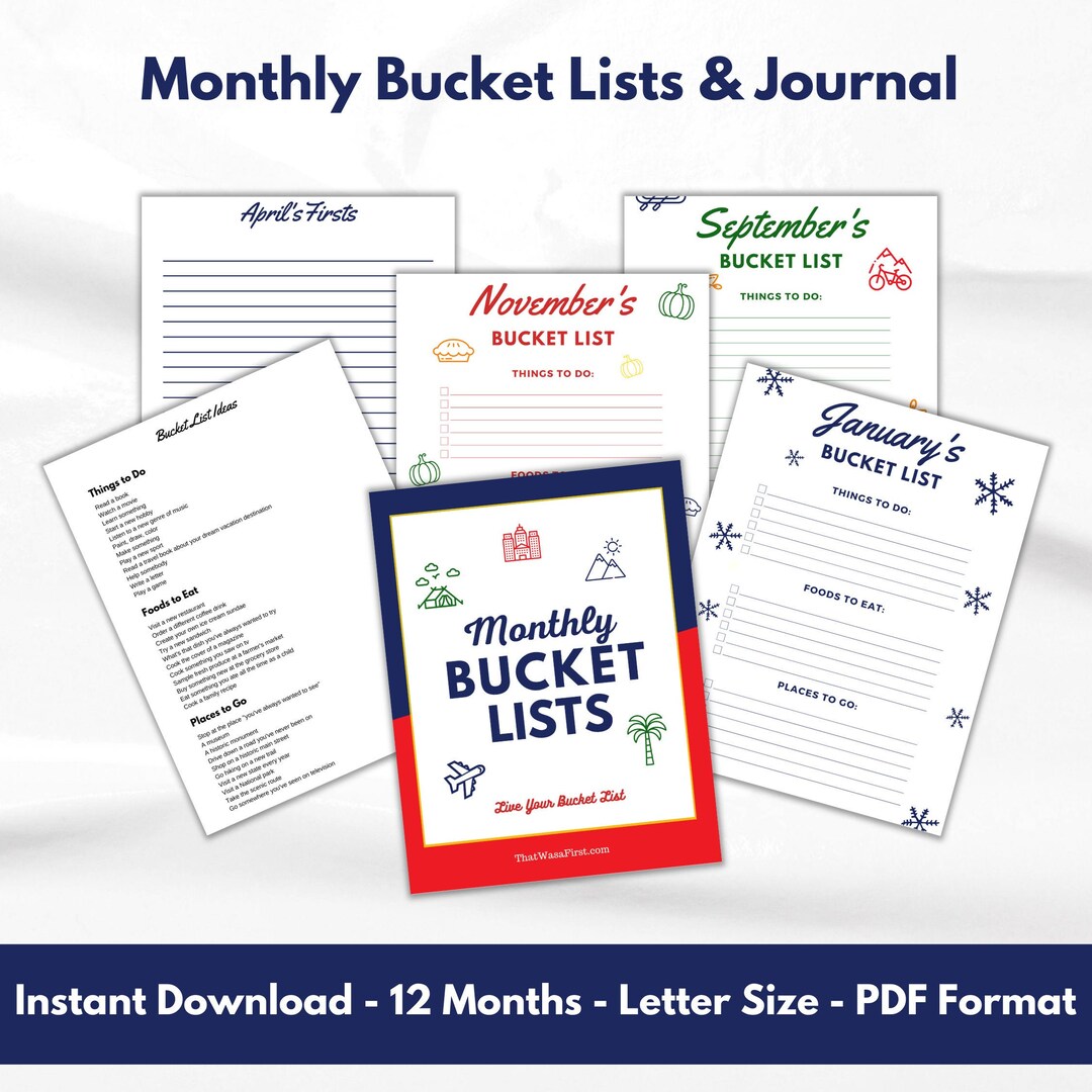 Monthly Bucket List | Journal Pages | 12 Printable Bucket List ...