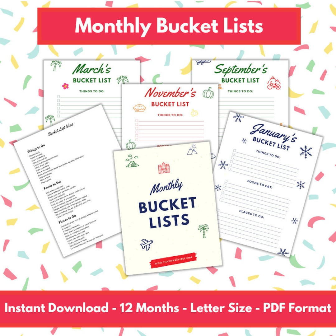 Monthly Bucket Lists | Instant Download | 12 Printable Bucket List ...