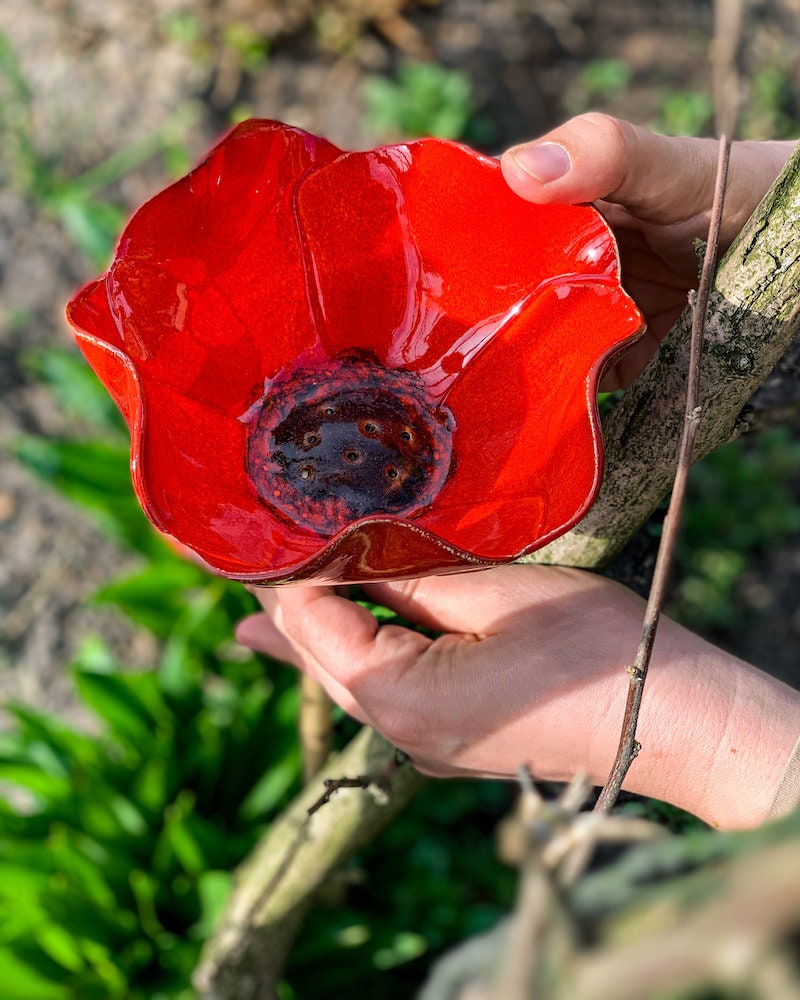 Large Ceramic Poppy - Handmade Garden Decoration, Unique Bird Water ...