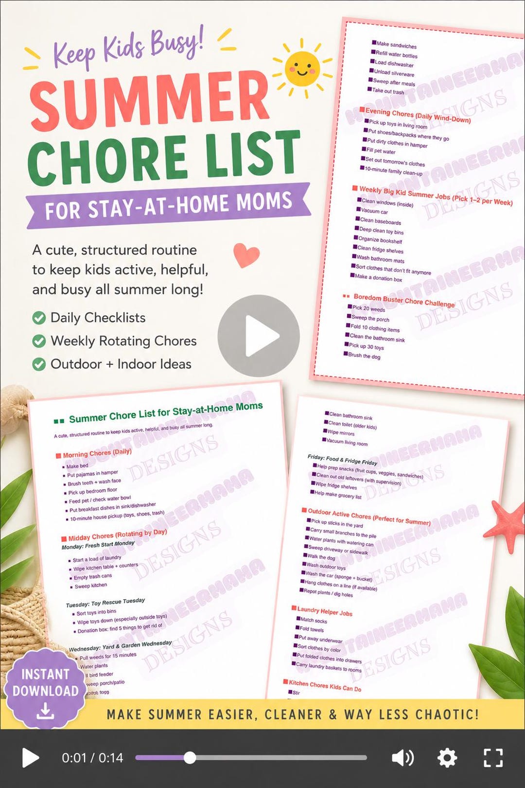 SUMMER CHORE List for Kids | Printable PDF | Instant Download - Etsy