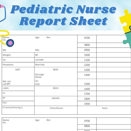 Pediatric Nurse Report Sheet Peds Nurse Brain Single Patient Etsy