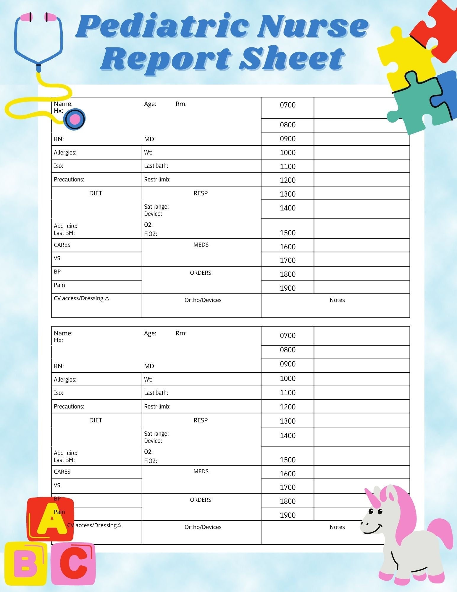 Pediatric Nurse Brain Report Sheet Organizer RN Peds PICU LPN Student ...