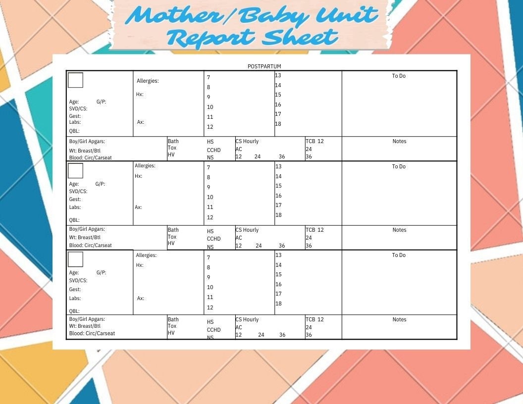 Mother Baby Unit Nurse Report Sheet Brain RN Labor & Delivery MBU ...