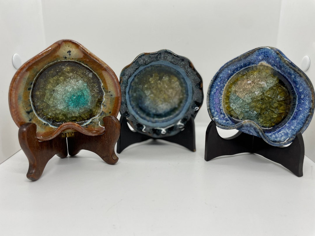 Set of 3 Crushed Glass Pottery Dish, Small Dish, Hand Made Pottery ...