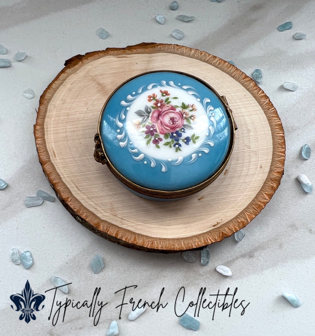 Blue Flower Limoges Box. Floral Limoges Trinket. Round Blue Limoges ...