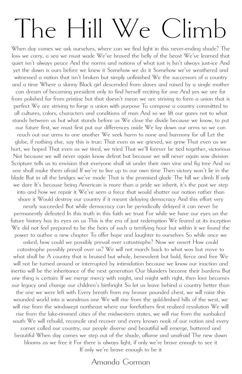 Amanda Gorman the Hill We Climb Full Text Poem Print | Minimalist Wall ...